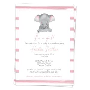 elephant baby shower invitations stripes pink it's a girl l little peanut invites customized personalized printed (12 count)