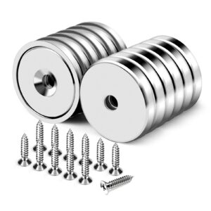 diymag neodymium round base cup magnet,60lbs strong rare earth magnets with heavy duty countersunk hole and stainless screws for refrigerator magnets,office,craft,etc-dia 0.98 inch-pack of 12