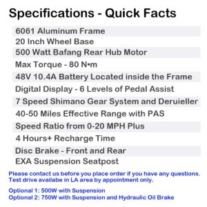 Overfly Hummer 20"x4"Fat Tire Electric Folding Bike for Commuter with 500W Bafang Motor, 48V/10.4A Battery, 7 Speed, and 6 PAS (Class 2)