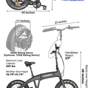 Overfly Hummer 20"x4"Fat Tire Electric Folding Bike for Commuter with 500W Bafang Motor, 48V/10.4A Battery, 7 Speed, and 6 PAS (Class 2)