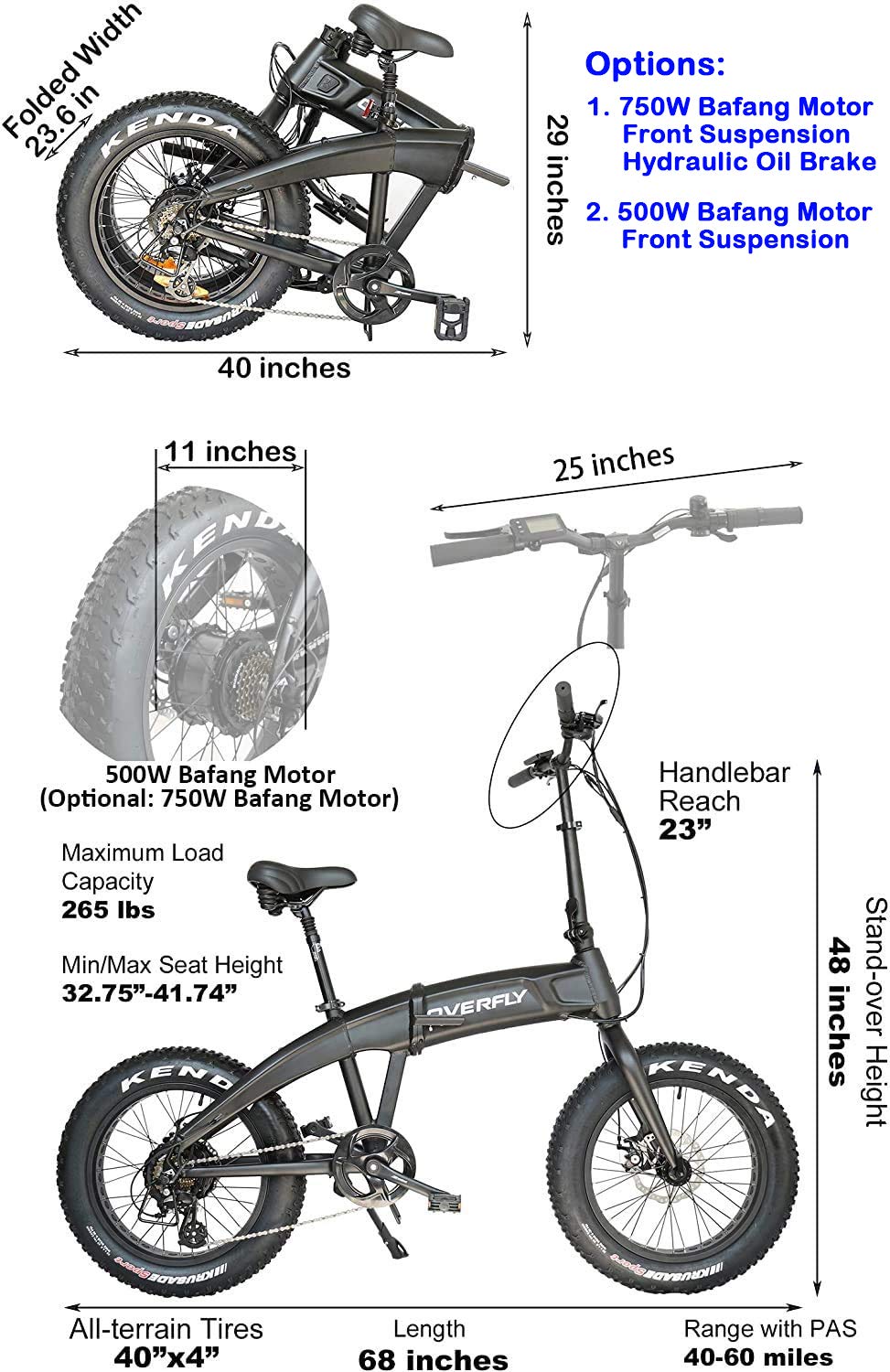 Overfly Hummer 20"x4"Fat Tire Electric Folding Bike for Commuter with 500W Bafang Motor, 48V/10.4A Battery, 7 Speed, and 6 PAS (Class 2)