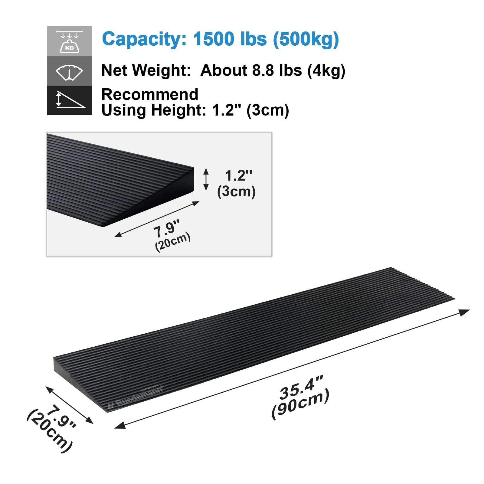 Ruedamann 1.2" Rise Threshold Ramp,1500 LBS Capacity, 35.4" Wide Natural Rubber Power Wheelchair Ramp Scooter, Non-Slip Solid Rubber Threshold Ramp for Doorways,Driveways,Bathroom,Cuttable