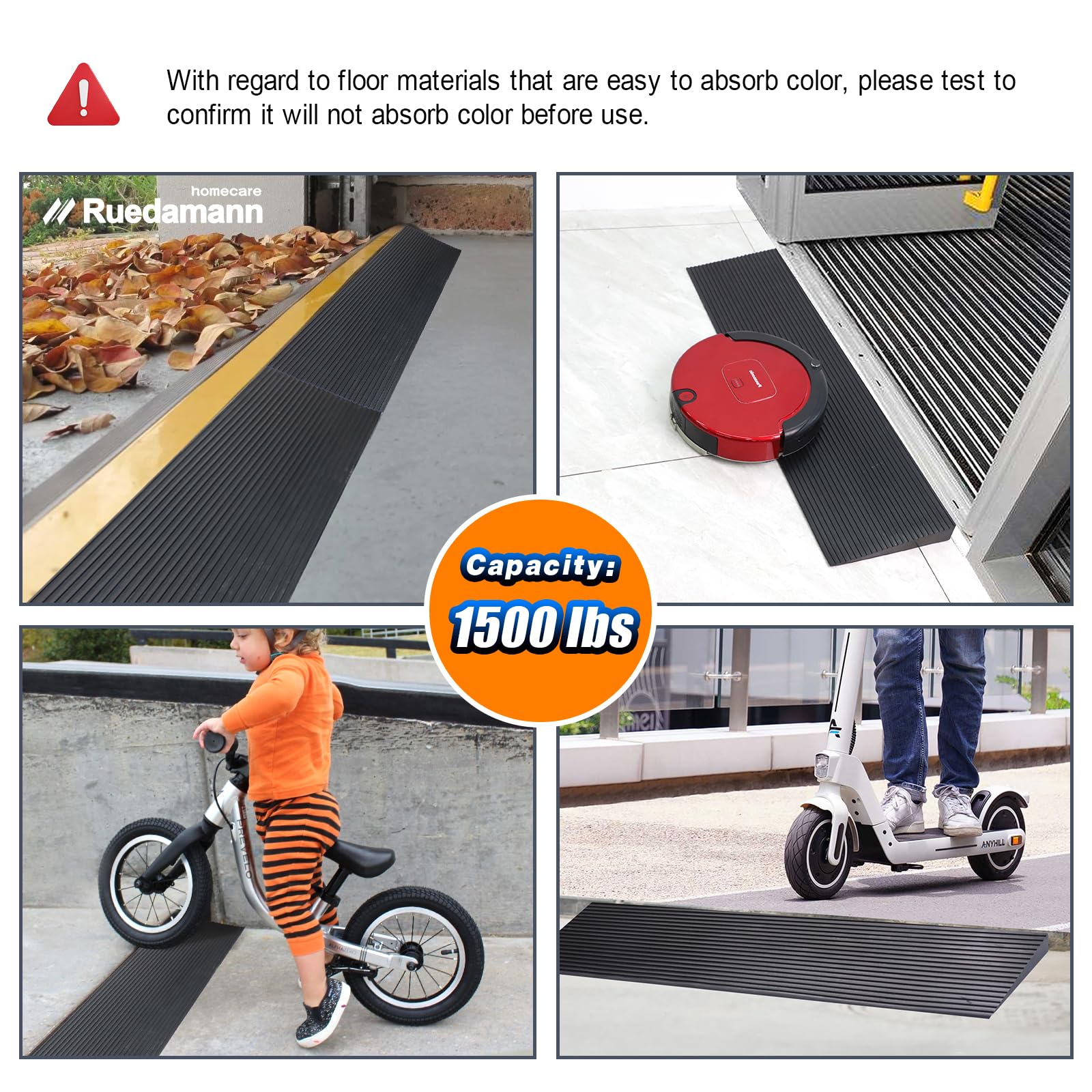 Ruedamann 1.2" Rise Threshold Ramp,1500 LBS Capacity, 35.4" Wide Natural Rubber Power Wheelchair Ramp Scooter, Non-Slip Solid Rubber Threshold Ramp for Doorways,Driveways,Bathroom,Cuttable