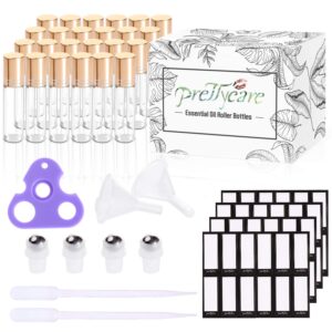 PrettyCare Essential Oil Roller Bottles 10ml (24 Pack Clear Glass Bottle with Gold Cap, 4 Extra Roller Balls，48 Labels, 2 Openers, 2 Funnels Roller Balls For Essential Oils, Roll on Bottles