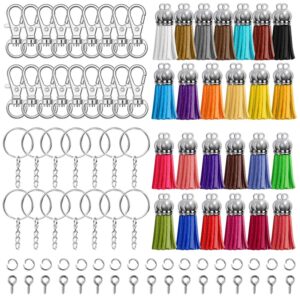 keychain tassles, cridoz 300pcs bulk keychains ring set includes 50pcs tassels for crafts, 50pcs keychain clips, 50pcs key chain rings, 100pcs jump ring and 50pcs screw eye pins for diy keychain