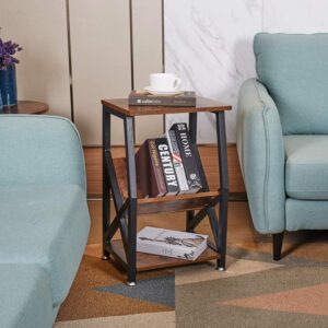 NXN-HOME Industrial Side Table, Record Player Stand with Storage Shelf for Coffee Books Magazines, Wood Look Accent Furniture with Metal Frame