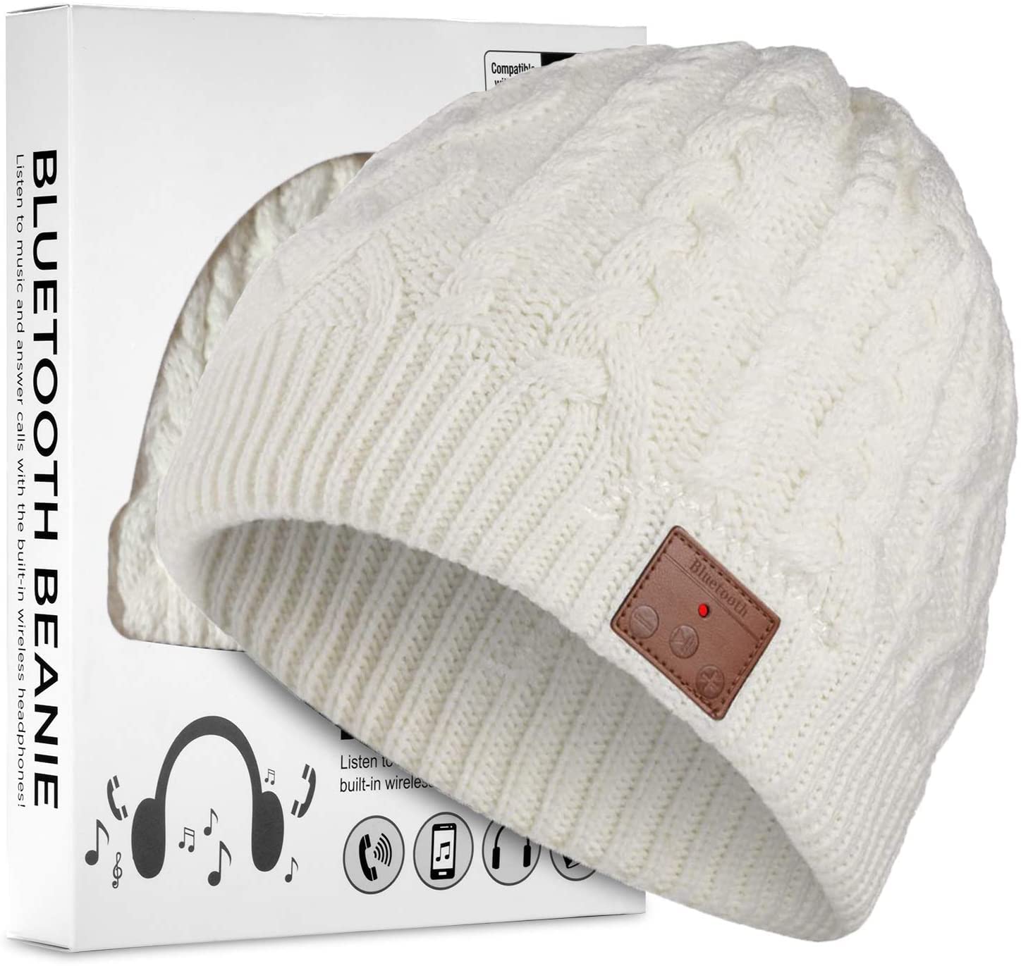 ZRUHIG Bluetooth Beanie,Stereo Knit Music Hat with Bluetooth V5.0 Wireless Hats Headphone Upgraded Unisex Knit Bluetooth Beanie Suitable for Outdoor Sports,Gift White