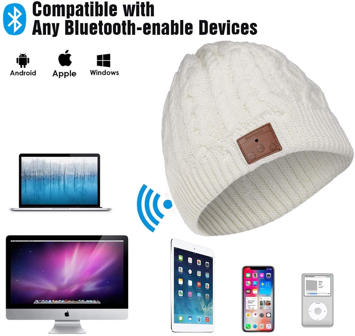 ZRUHIG Bluetooth Beanie,Stereo Knit Music Hat with Bluetooth V5.0 Wireless Hats Headphone Upgraded Unisex Knit Bluetooth Beanie Suitable for Outdoor Sports,Gift White