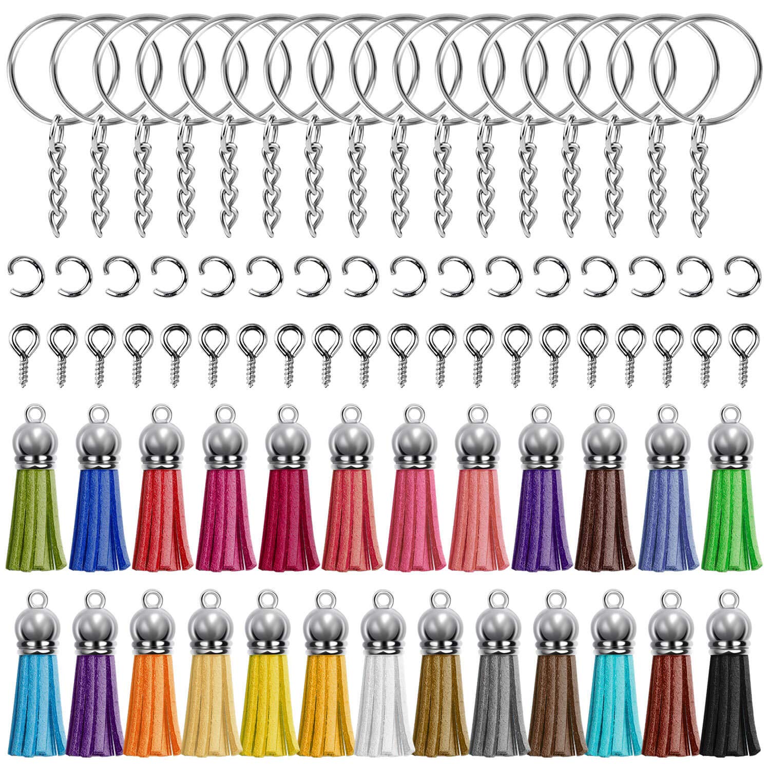 Keychain Tassles, Cridoz 200pcs Bulk Keychain Rings Set Includes 50pcs Tassels for Crafts, 50pcs Key Chain Rings, 50pcs Jump Ring and 50pcs Screw Eye Pins for Acrylic Keychain Blanks