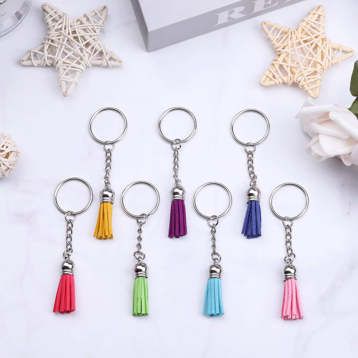 Keychain Tassles, Cridoz 200pcs Bulk Keychain Rings Set Includes 50pcs Tassels for Crafts, 50pcs Key Chain Rings, 50pcs Jump Ring and 50pcs Screw Eye Pins for Acrylic Keychain Blanks