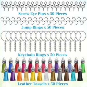 Keychain Tassles, Cridoz 200pcs Bulk Keychain Rings Set Includes 50pcs Tassels for Crafts, 50pcs Key Chain Rings, 50pcs Jump Ring and 50pcs Screw Eye Pins for Acrylic Keychain Blanks