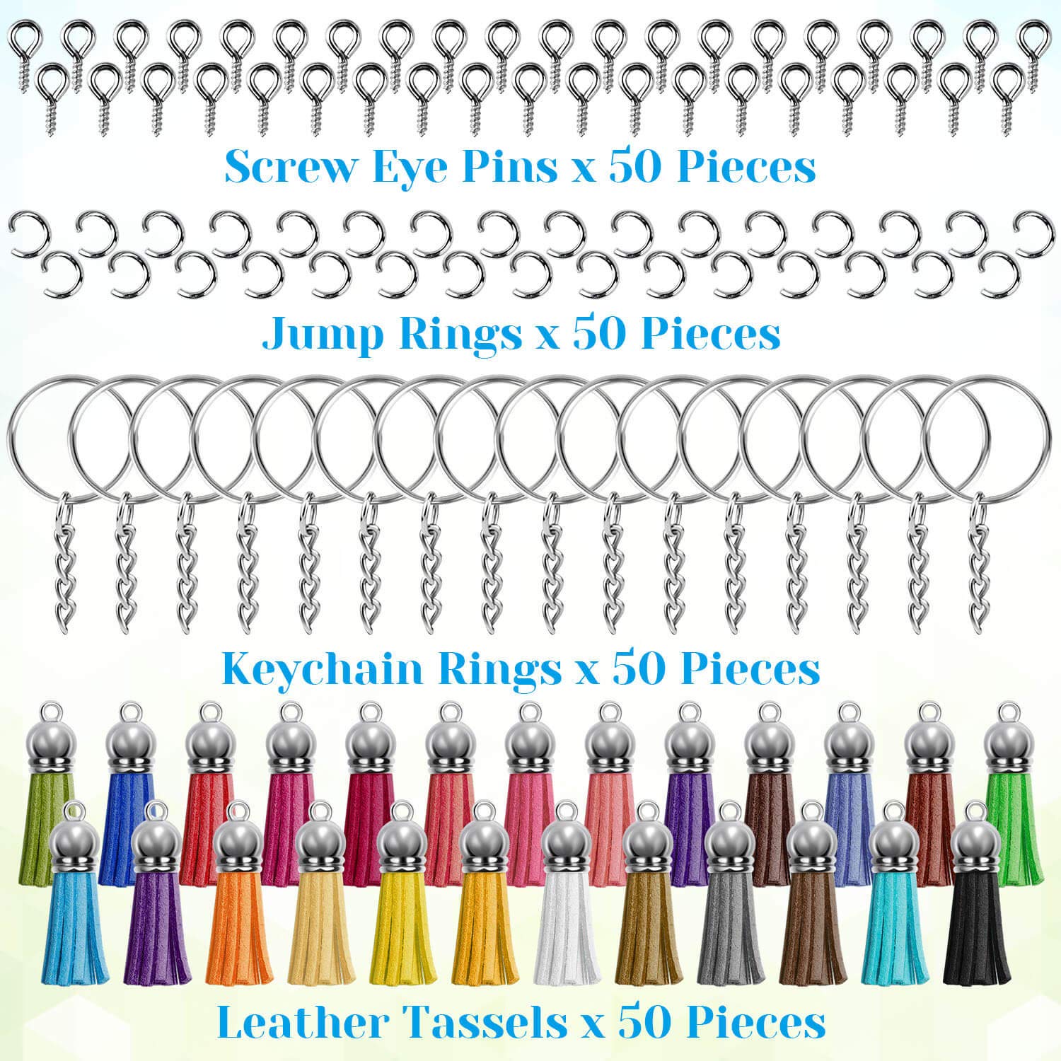 Keychain Tassles, Cridoz 200pcs Bulk Keychain Rings Set Includes 50pcs Tassels for Crafts, 50pcs Key Chain Rings, 50pcs Jump Ring and 50pcs Screw Eye Pins for Acrylic Keychain Blanks