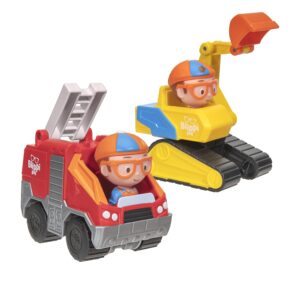 blippi mini vehicles, including excavator and fire truck, each with a character toy figure seated inside - zoom around the room for free-wheeling fun - perfect for young children