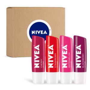 nivea lip care, fruit lip balm variety pack, tinted lip balm, 0.17 oz, 4 count (pack of 1)