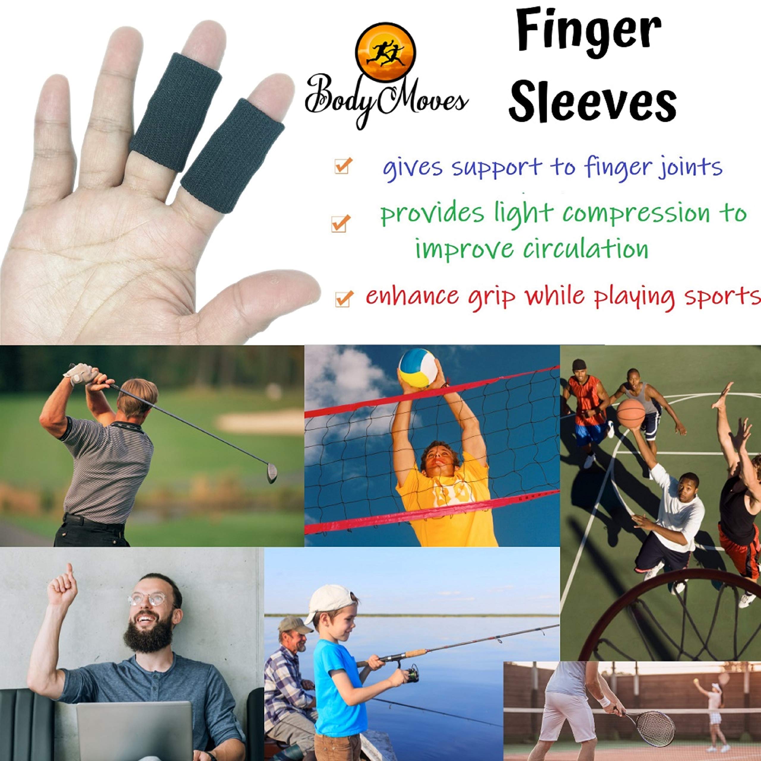 BodyMoves 10 Finger Brace Splint Sleeve Thumb Support Protector Cushion Pressure Safe Elastic Breathable Stabilizers (Midnight Black)