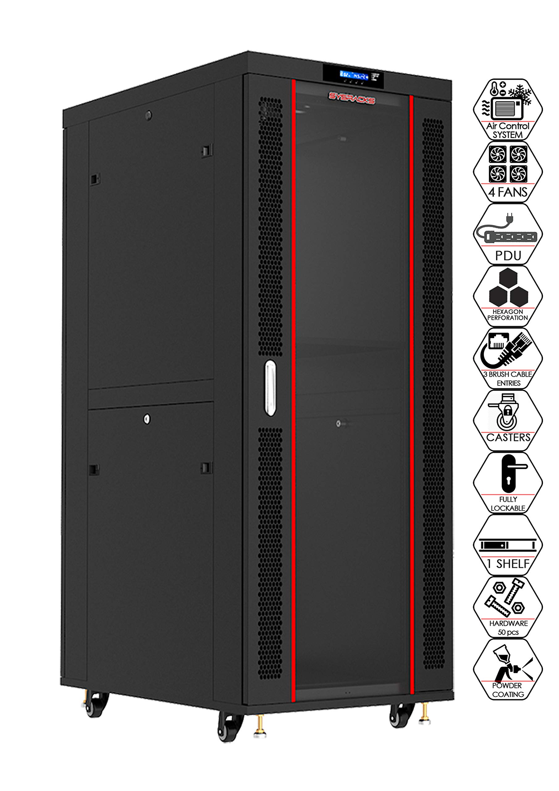 Server Rack - Locking Cabinet - Network Rack Cabinet Enclosure - 42U - Rack Mount - 32 Inch Deep - Server Cabinet - on Wheels - Shelf - Cooling Fan - Thermostat - Sysracks - SRF