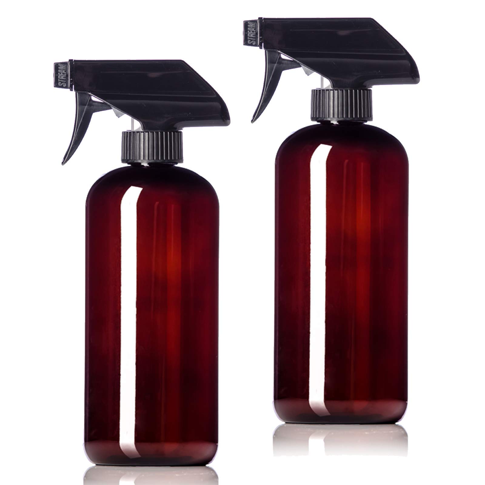 Aromine 16oz Amber Plastic Bottles with Black Trigger Sprayers, BPA Free PET Plastic (2 Pack)