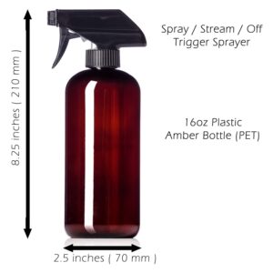 Aromine 16oz Amber Plastic Bottles with Black Trigger Sprayers, BPA Free PET Plastic (2 Pack)