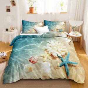 bedbay beach queen duvet cover set,coastal bedding set queen,teen girls boys starfish beach decor 3 pieces microfiber quilt cover,beach themed bedding set for summer (turquoise,queen)