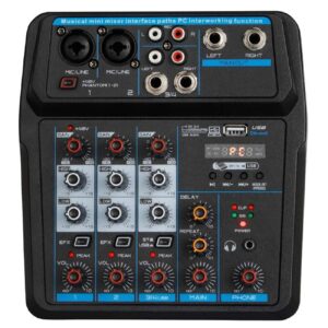 depusheng u4 portable mini mixer 4 channel audio dj console with sound card, usb, 48v phantom power for pc recording singing webcast party