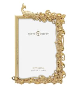 gifty gifty jeweled peacock photo frame / 4x6 in | for vertical display on tabletops | perfect for home decor, wedding, vacation, graduation, or any milestone photos (bronze) gift box