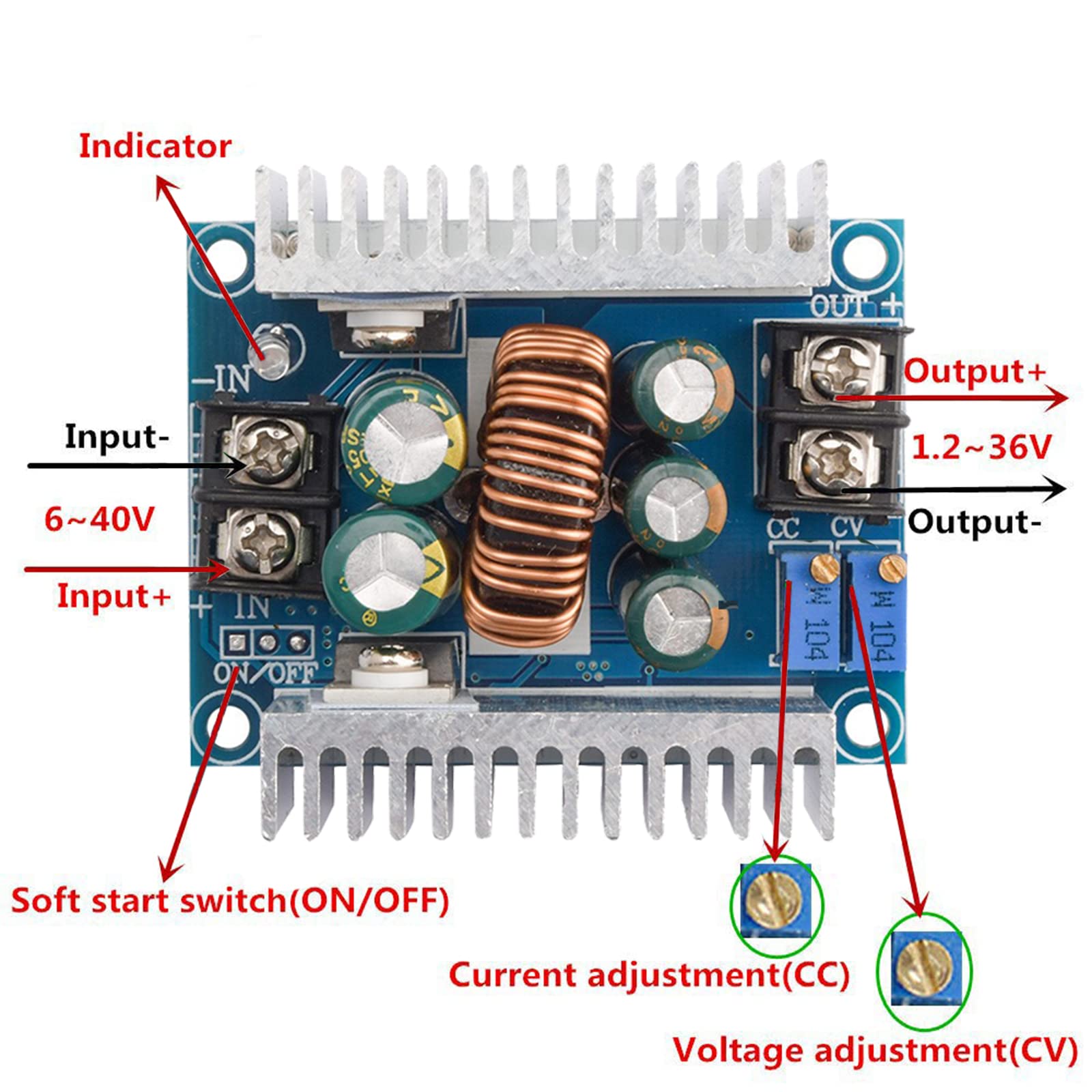 Diymore 2pcs 20A 300W CC CV Step Down Module Adjustable DC 6-40V to 1.2-36V Voltage Regulator Buck Converter Constant Current Power Supply Module 20v to 12v Step Down