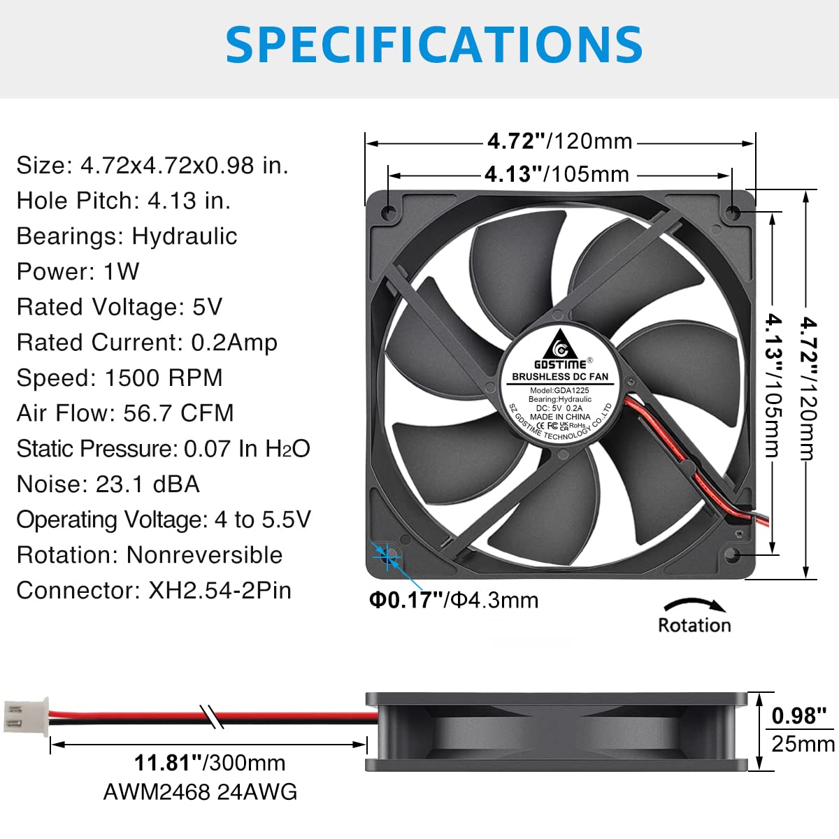 GDSTIME 5Volt 120mm Fan, 1500RPM 120mm x 25mm DC Brushless Cooling Fan