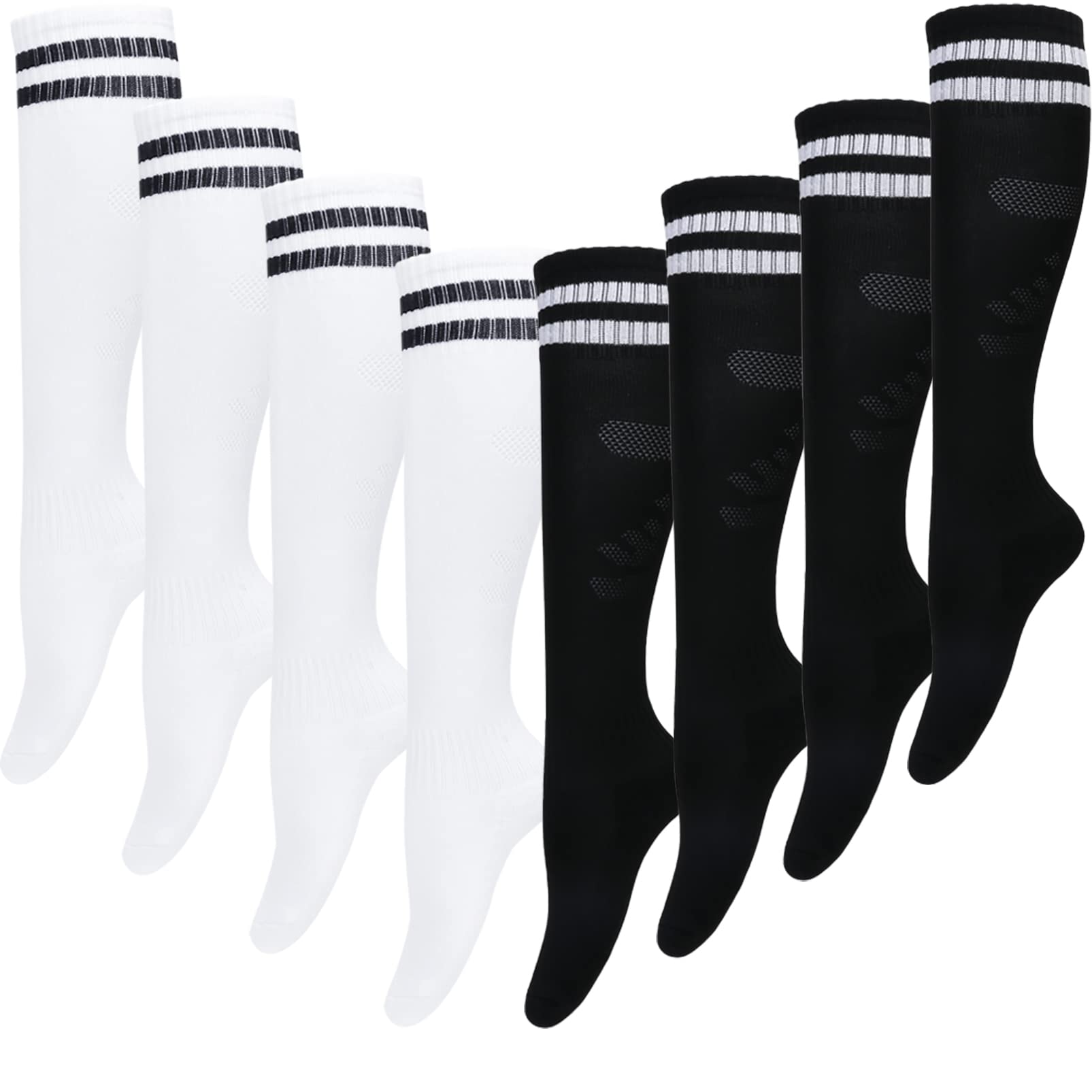 4 Pairs Soccer Socks Football Sport Team White Black Knee High Socks For Youth Boys Girls, Best for Running, Present for 5 6 7 8 9 10 11 12 Year old Kids