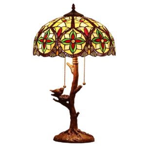 bieye l10717 cruciate flower butterfly tiffany style stained glass table lamp with 14 inches wide lampshade and bird nest tree trunk base