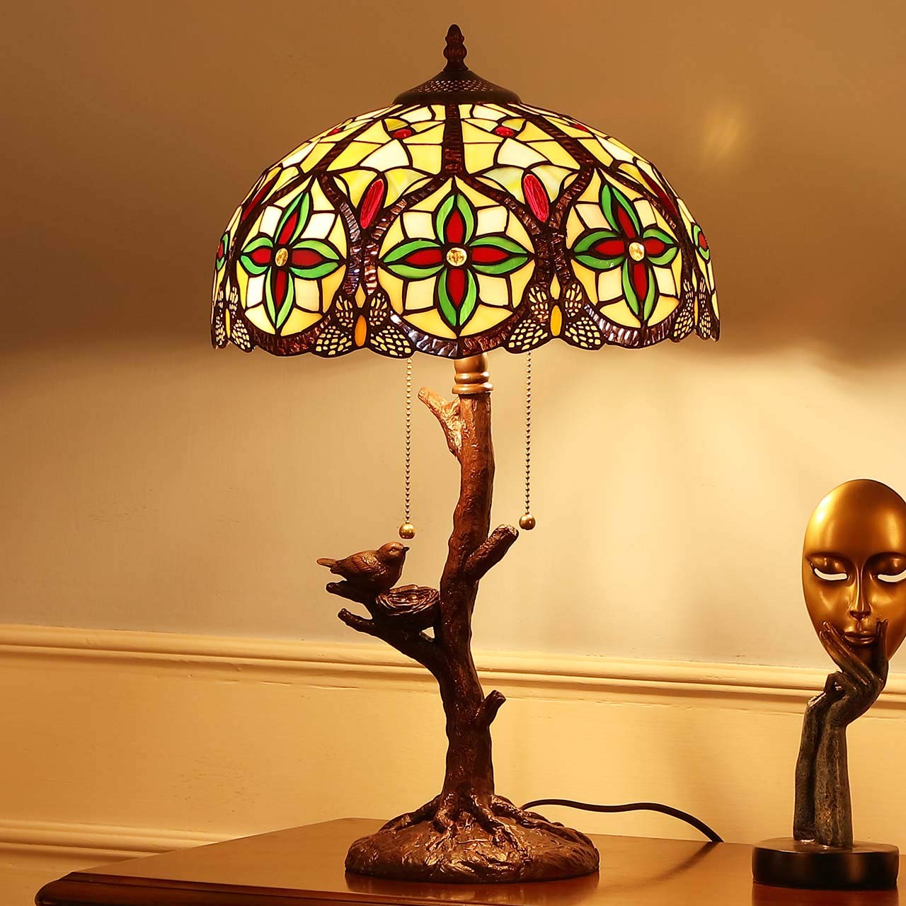 Bieye L10717 Cruciate Flower Butterfly Tiffany Style Stained Glass Table Lamp with 14 inches Wide Lampshade and Bird Nest Tree Trunk Base