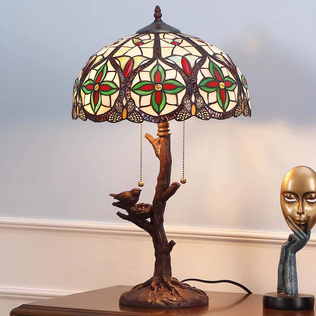 Bieye L10717 Cruciate Flower Butterfly Tiffany Style Stained Glass Table Lamp with 14 inches Wide Lampshade and Bird Nest Tree Trunk Base