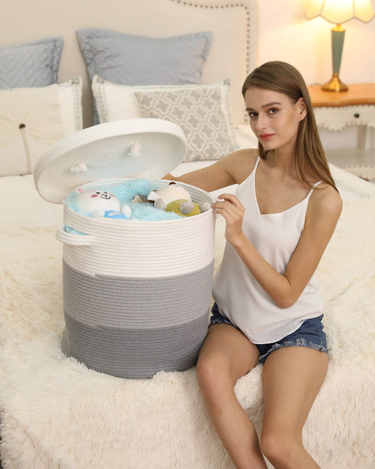 16" x 16" x 18" Extra Large Storage Basket with Lid, Cotton Rope Storage Baskets, Laundry Hamper, Cloth Bin, for Clothes Towels Blankets Pillows Storage in Living Room, Light Grey/Grey with Cover