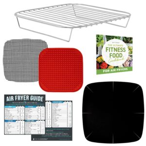 air fryer accessories with rack, reusable mats and cheat sheet guides compatible with dreo, chefman, cosori, nuwave® + more - stainless steel air fryer rack, square 7.2 inches