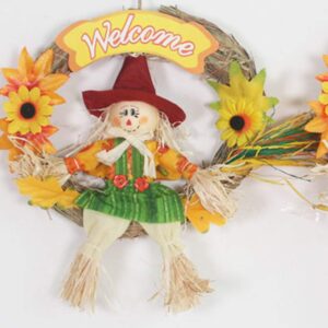 Scarecrow Wreath Hanging Scarecrow Ornament Scarecrow Garland Halloween Thanksgiving Decor Autumn Fall Harvest Decoration for Party Home Bar Garden(Small/Female)