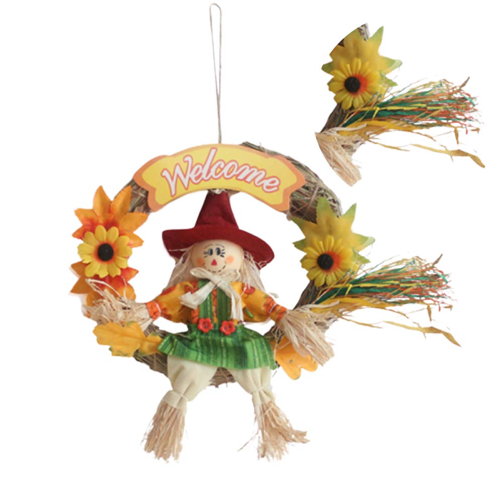 Scarecrow Wreath Hanging Scarecrow Ornament Scarecrow Garland Halloween Thanksgiving Decor Autumn Fall Harvest Decoration for Party Home Bar Garden(Small/Female)