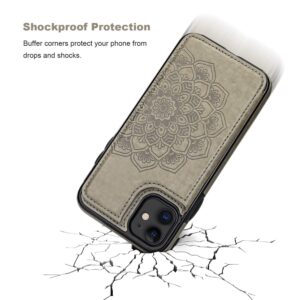 iPhone 11 Case Wallet with Card Holder, Vaburs Embossed Mandala Pattern Flower Premium PU Leather Double Magnetic Buttons Flip Shockproof Protective Cover for iPhone 11 (6.1 Inch,Gray)