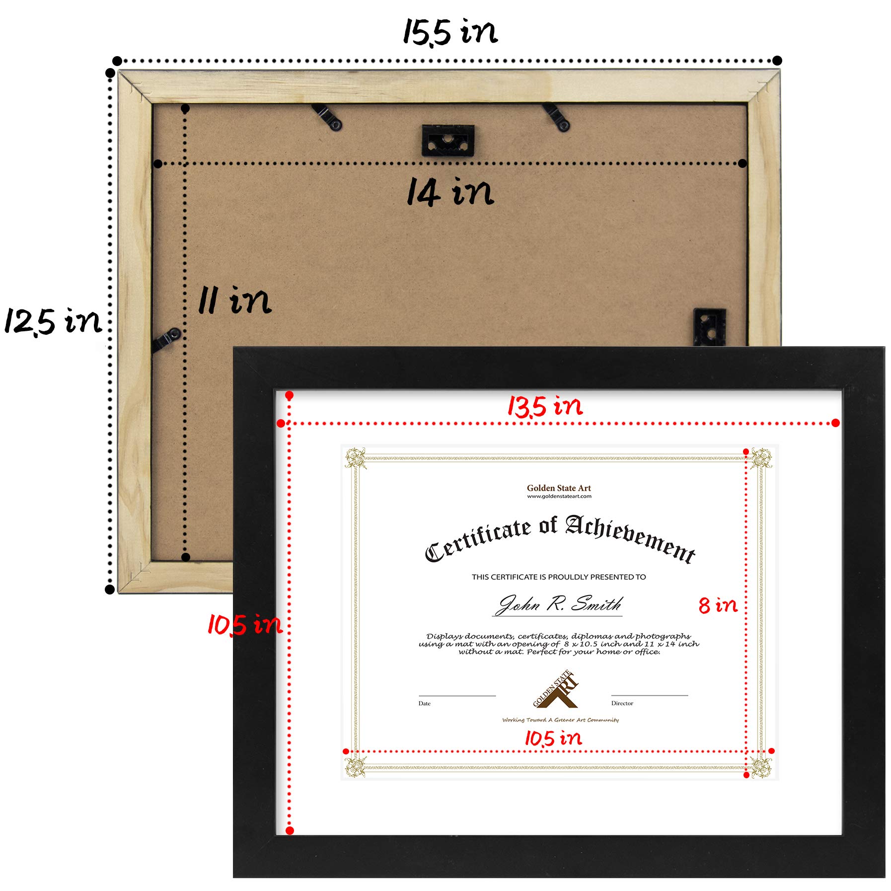 Golden State Art, 11x14 Diploma Wood Frame for 8.5x11 Document & Certificates, Real Glass (Black with Single White Mat, 2-Pack)