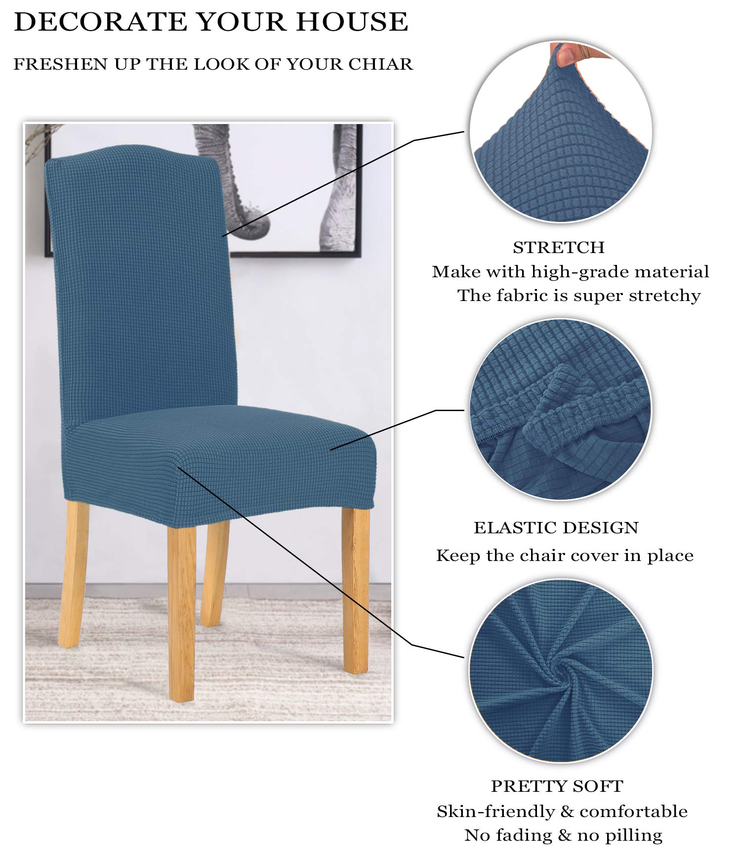 TIANSHU Stretch Chair Covers for Dining Room Set of 2, Dining Room Chair Covers for Home Decor, Removable Dining Chair Cover Non-Slip Kitchen Chair Cover Parson Chair Slipcover (2 Pack, Denim Blue)