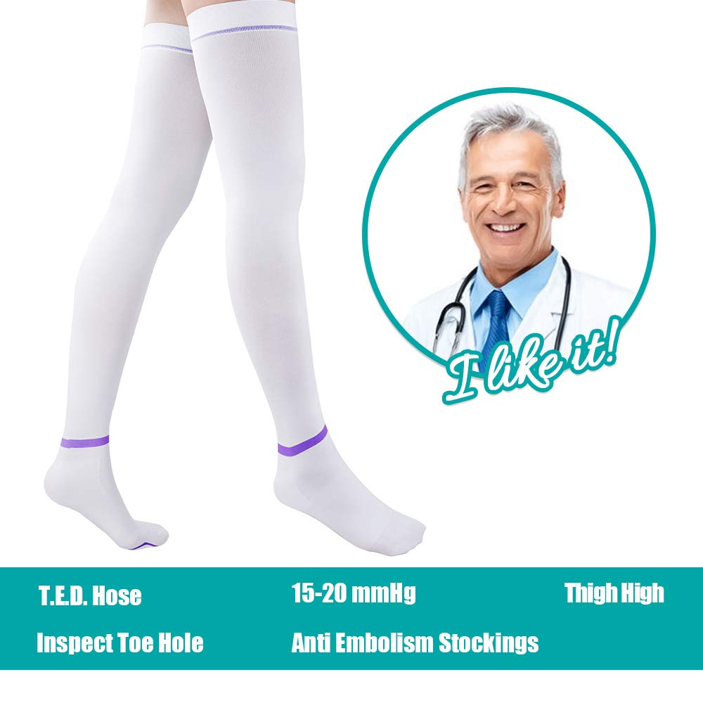 T.E.D. Anti Embolism Stockings for Women Men Thigh High, 15-20 mmHg Compression TED Hose with Inspect Toe Hole