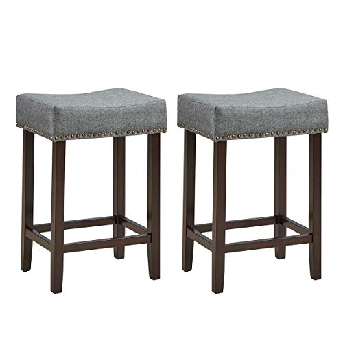 COSTWAY Saddle Stools Set of 2, 24-inch Counter Height Backless Stools with Brass Nailhead Trim, Solid Wood Legs, Foot Rest, Max Load 264 Lbs, Upholstered Bar Chair for Kitchen Island Pub, Grey