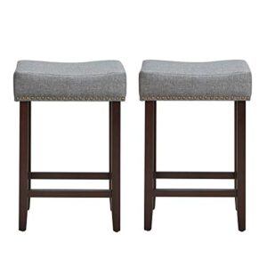 COSTWAY Saddle Stools Set of 2, 24-inch Counter Height Backless Stools with Brass Nailhead Trim, Solid Wood Legs, Foot Rest, Max Load 264 Lbs, Upholstered Bar Chair for Kitchen Island Pub, Grey