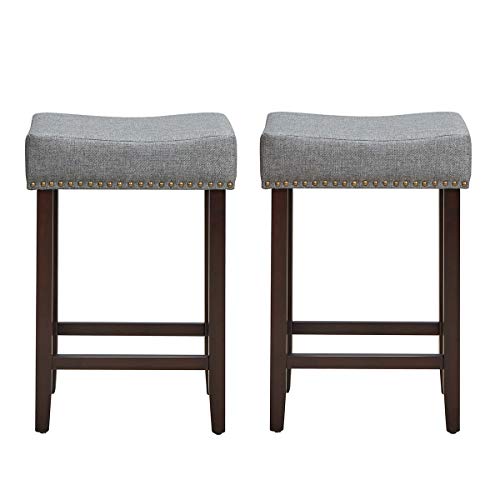 COSTWAY Saddle Stools Set of 2, 24-inch Counter Height Backless Stools with Brass Nailhead Trim, Solid Wood Legs, Foot Rest, Max Load 264 Lbs, Upholstered Bar Chair for Kitchen Island Pub, Grey