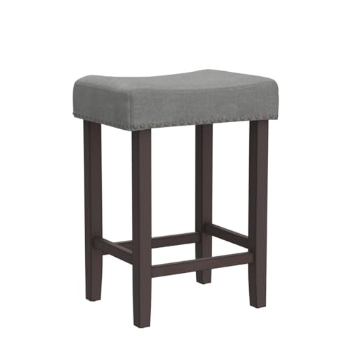 COSTWAY Saddle Stools Set of 2, 24-inch Counter Height Backless Stools with Brass Nailhead Trim, Solid Wood Legs, Foot Rest, Max Load 264 Lbs, Upholstered Bar Chair for Kitchen Island Pub, Grey