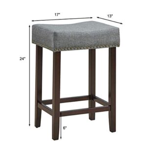 COSTWAY Saddle Stools Set of 2, 24-inch Counter Height Backless Stools with Brass Nailhead Trim, Solid Wood Legs, Foot Rest, Max Load 264 Lbs, Upholstered Bar Chair for Kitchen Island Pub, Grey