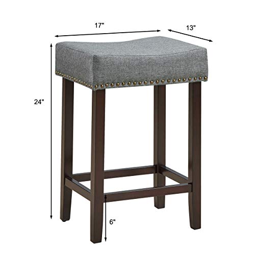 COSTWAY Saddle Stools Set of 2, 24-inch Counter Height Backless Stools with Brass Nailhead Trim, Solid Wood Legs, Foot Rest, Max Load 264 Lbs, Upholstered Bar Chair for Kitchen Island Pub, Grey