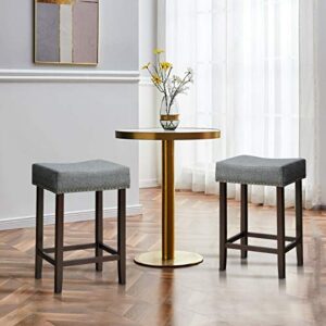 COSTWAY Saddle Stools Set of 2, 24-inch Counter Height Backless Stools with Brass Nailhead Trim, Solid Wood Legs, Foot Rest, Max Load 264 Lbs, Upholstered Bar Chair for Kitchen Island Pub, Grey