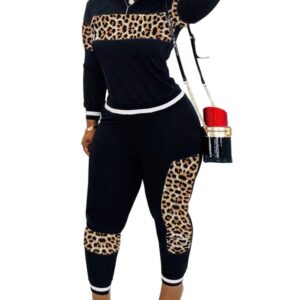 Alunzoem Womens Casual 2 Piece Outfits, Leopard Print Long Sleeve Top Pants Set Tracksuits Black XL