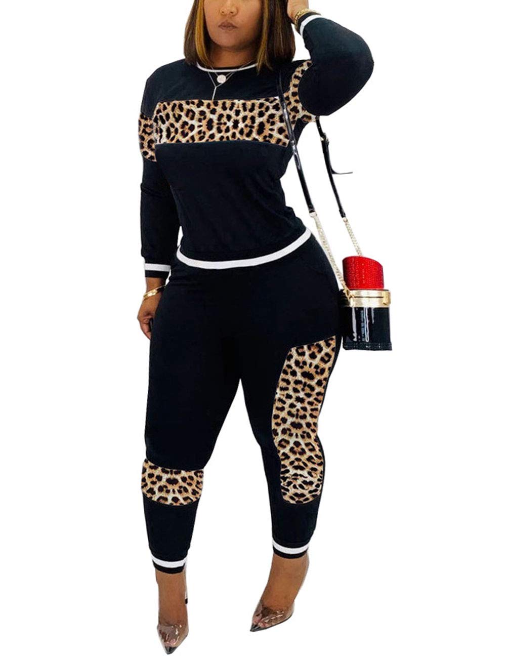 Alunzoem Womens Casual 2 Piece Outfits, Leopard Print Long Sleeve Top Pants Set Tracksuits Black XL