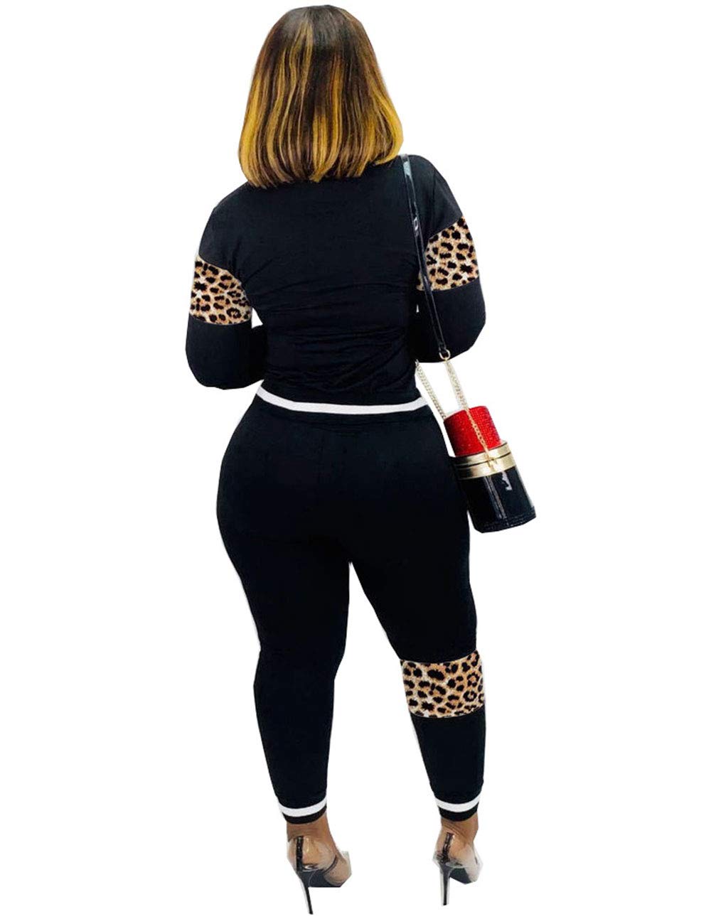 Alunzoem Womens Casual 2 Piece Outfits, Leopard Print Long Sleeve Top Pants Set Tracksuits Black XL