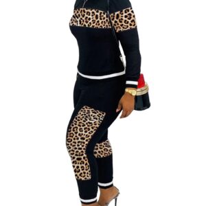 Alunzoem Womens Casual 2 Piece Outfits, Leopard Print Long Sleeve Top Pants Set Tracksuits Black XL